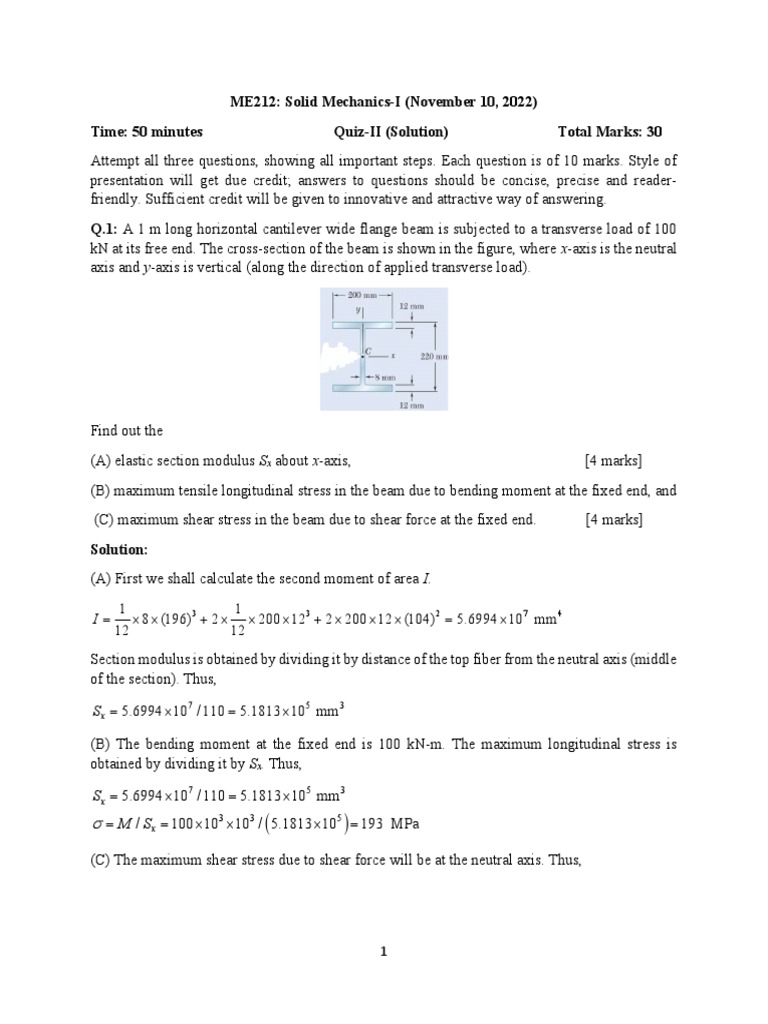 Quiz2 2022 Solution | PDF | Bending | Beam (Structure)