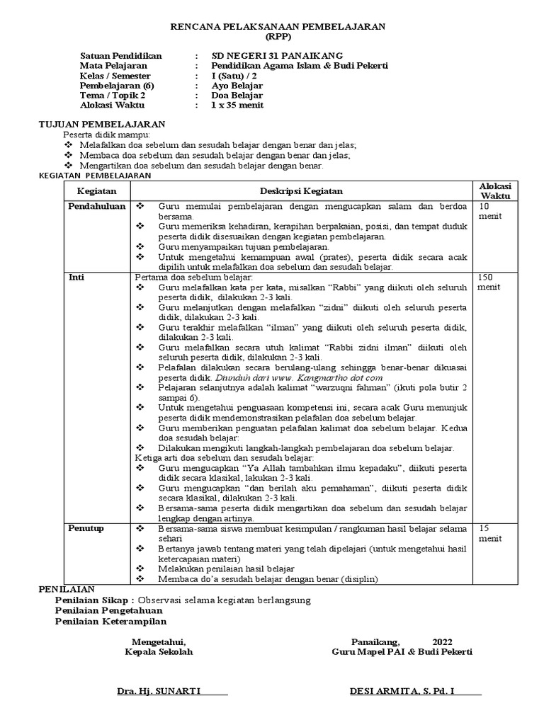 RPP PAI 1 Lembar Kelas 1 Semester 2 Pembelajaran 6 Topik 2 Doa Belajar | PDF