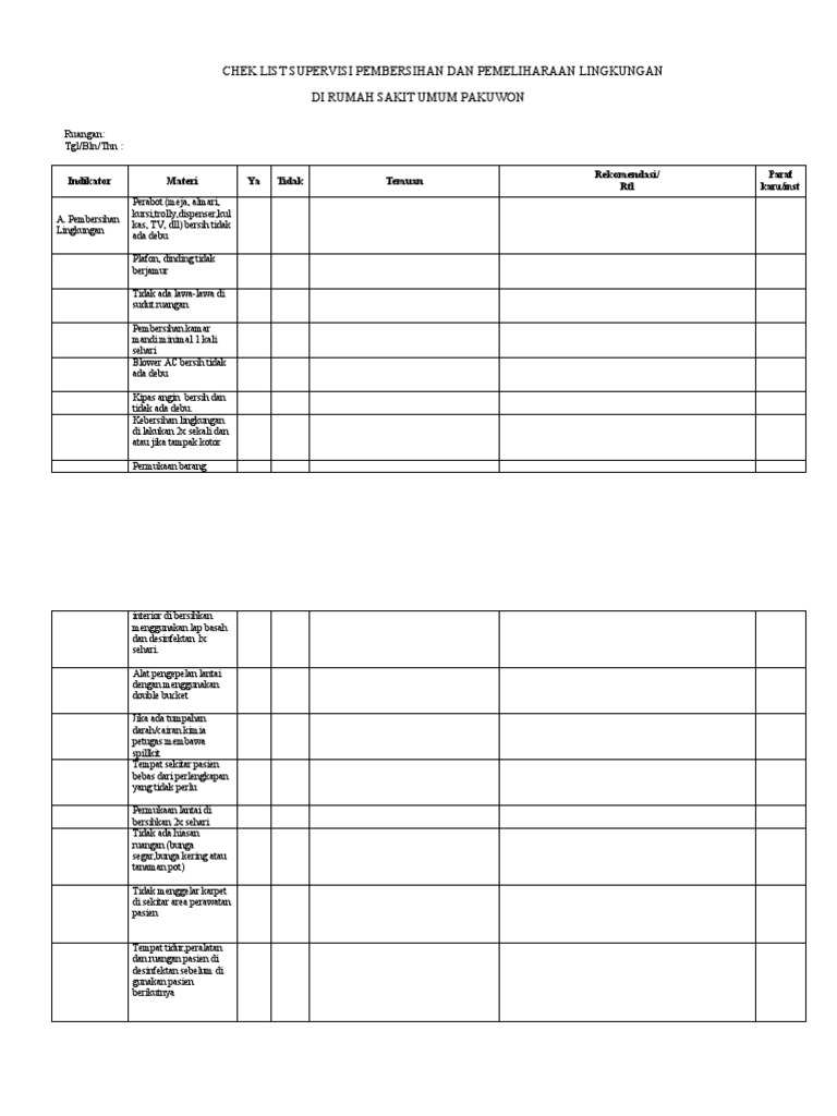 Chek List Supervisi Ppi Pengelolaan Lingkungan | PDF