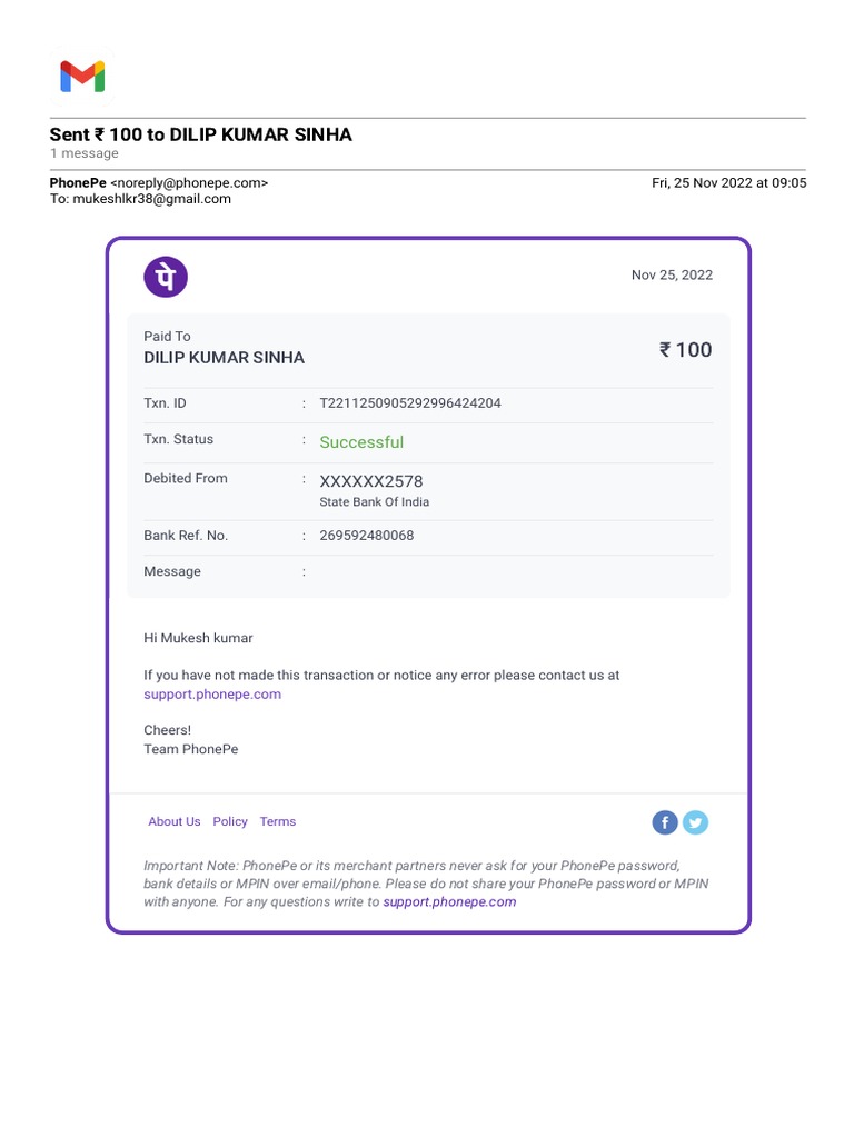 Gmail - Sent 100 To DILIP KUMAR SINHA | PDF