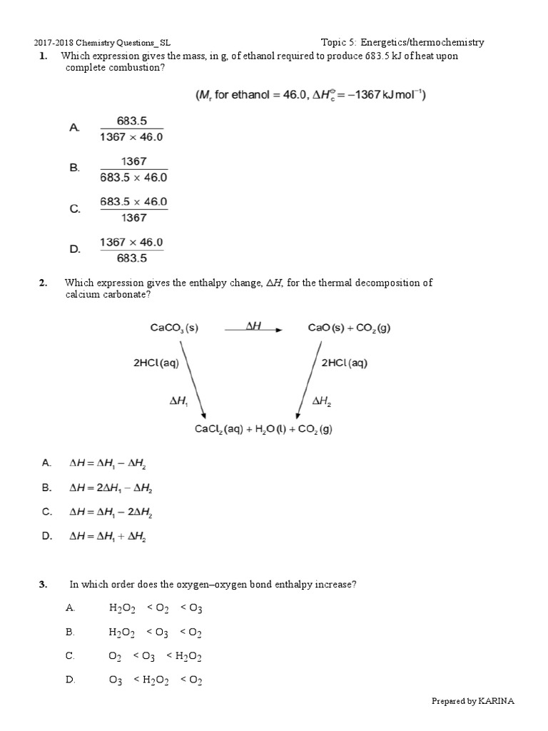 2017-2018 Chemistry SL Energetics Questions | PDF | Chemical Reactions ...