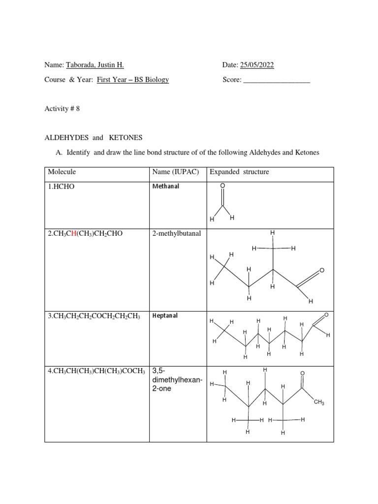 TABORADA - Act8 (Ketones and Aldehydes) | PDF | Ketone | Aldehyde