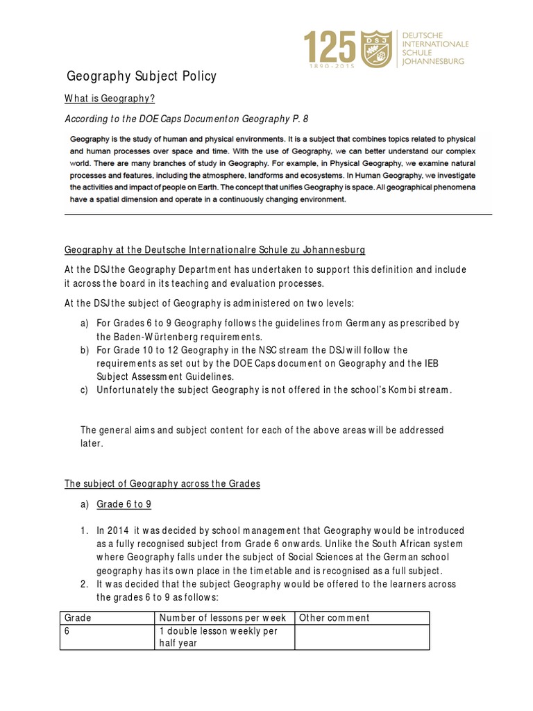 Geography Curriculum at DSJ Johannesburg | PDF