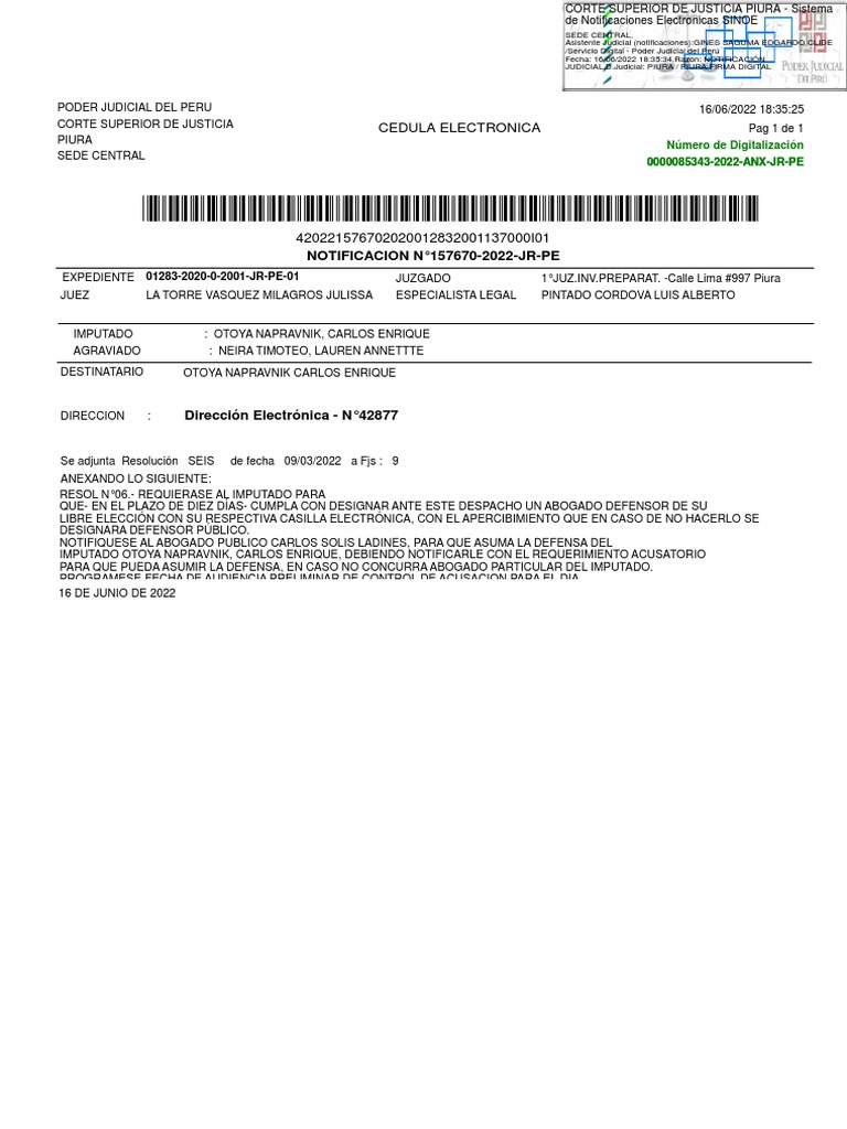 NOTIFICACION #157670-2022-JR-PE: Cedula Electronica | PDF | Justicia | Crimen y violencia