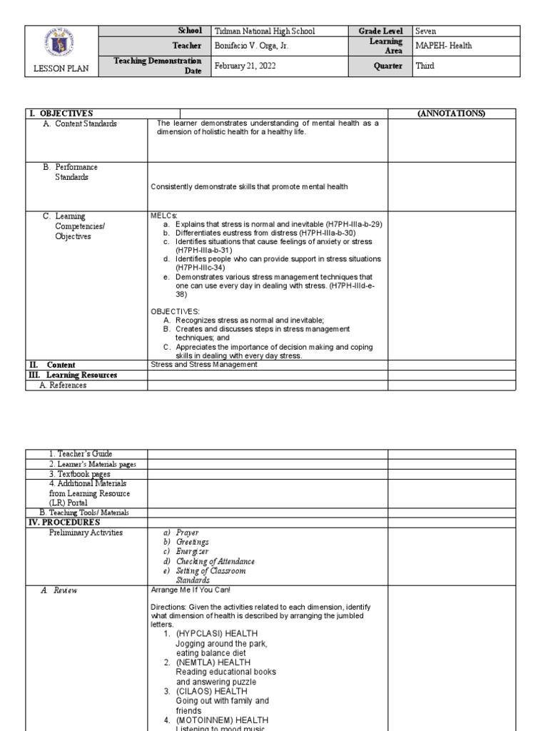 Lesson Plan New Bonie Co Q3 | PDF | Stress (Biology) | Learning