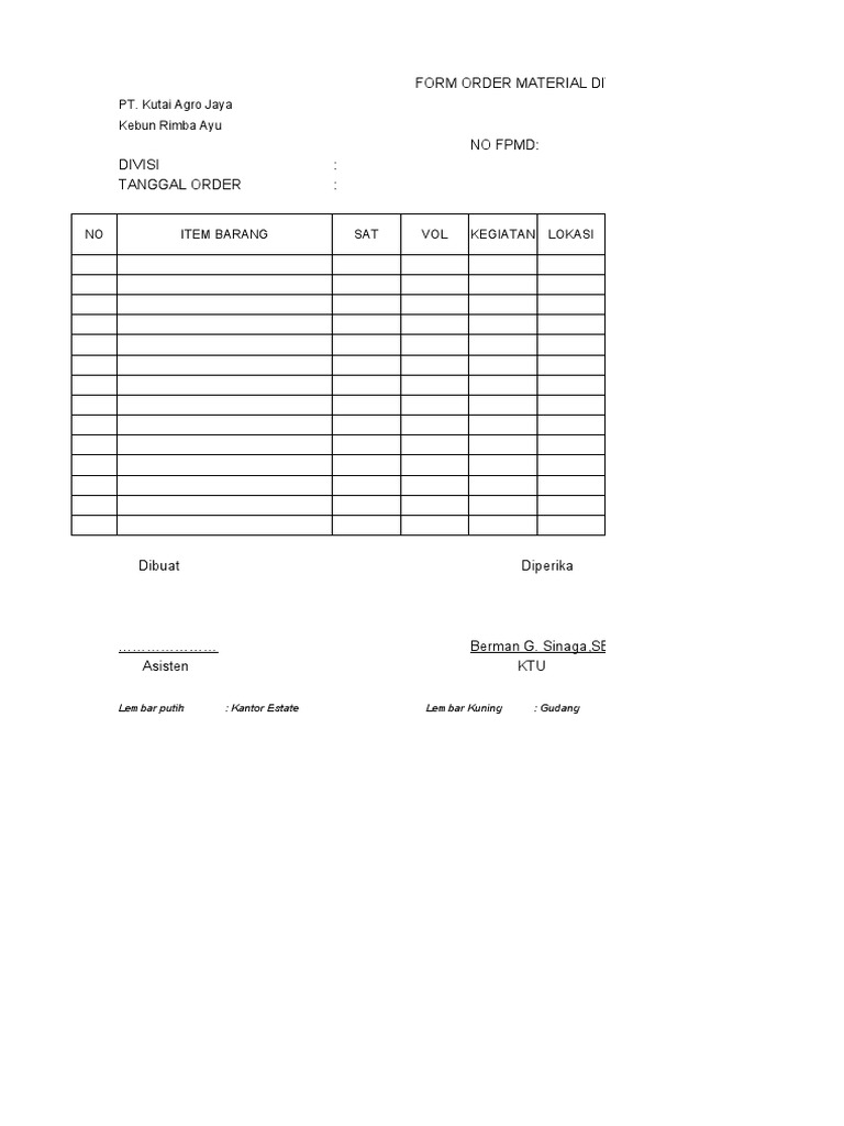 Form Order Material Kebun | PDF