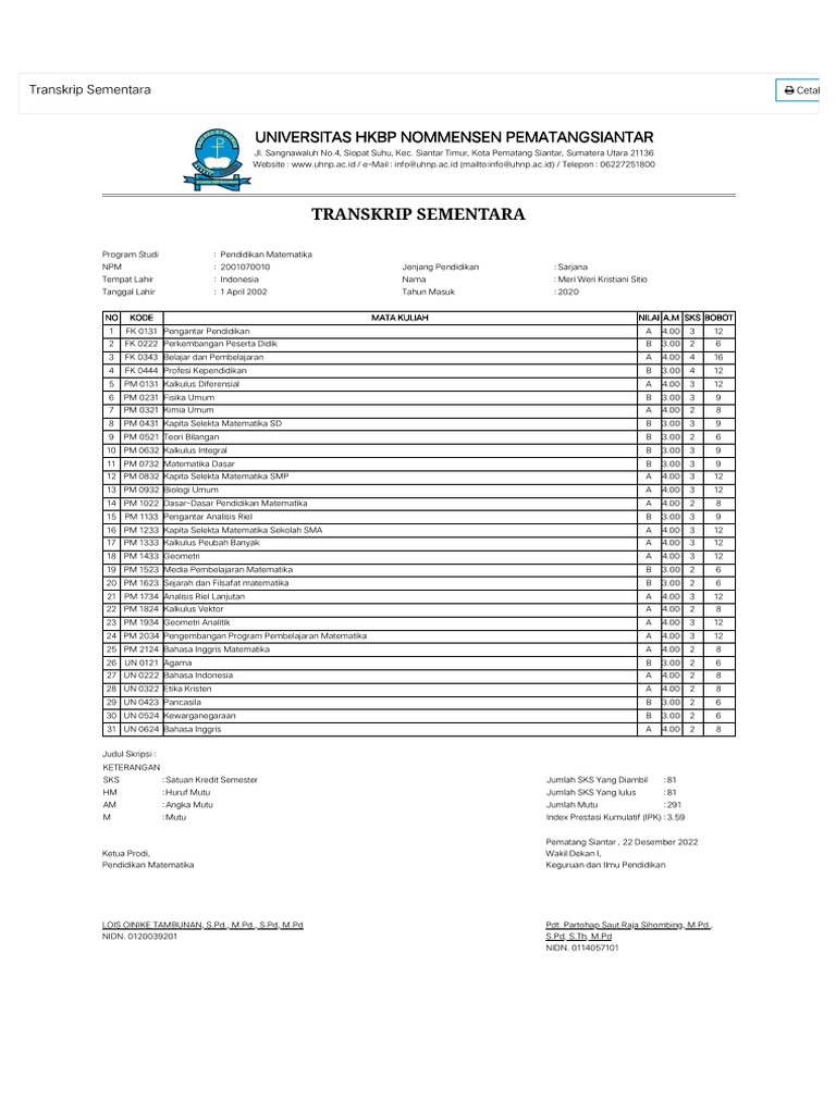 Transkrip Sementara | PDF
