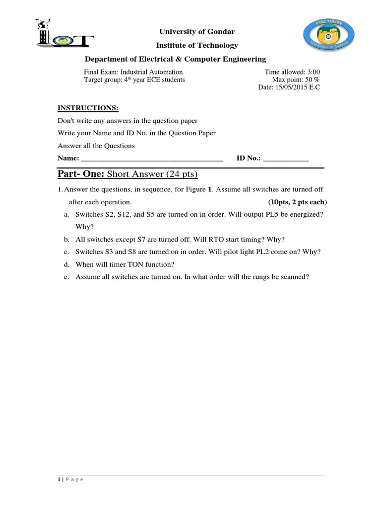 University of Gondar final exam PLC programming | PDF | Automation ...