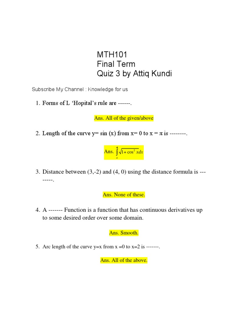MTH101 Quiz 3 by ATTIQ, S Group | PDF | Integral | Function (Mathematics)