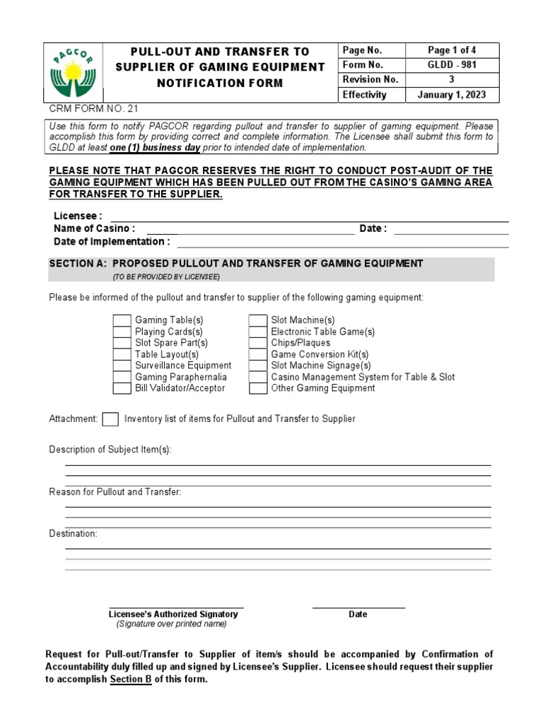 Form 21 - Pull-Out and Transfer To Supplier of Gaming Equipment Notification Form | PDF | Slot ...