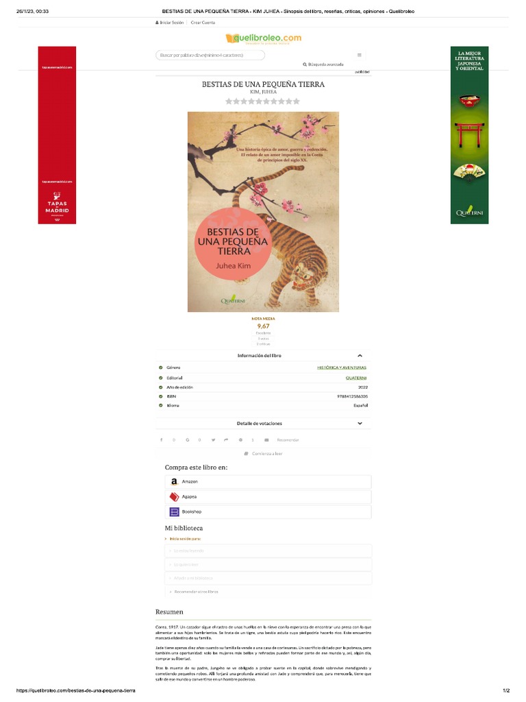 BESTIAS DE UNA PEQUEÑA TIERRA - KIM JUH... Ñas, Criticas, Opiniones - Quelibroleo | PDF
