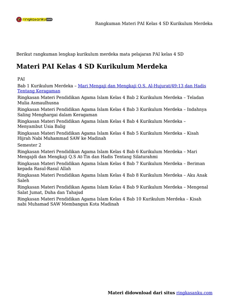 Rangkuman Materi PAI Kelas 4 SD Kurikulum Merdeka | PDF