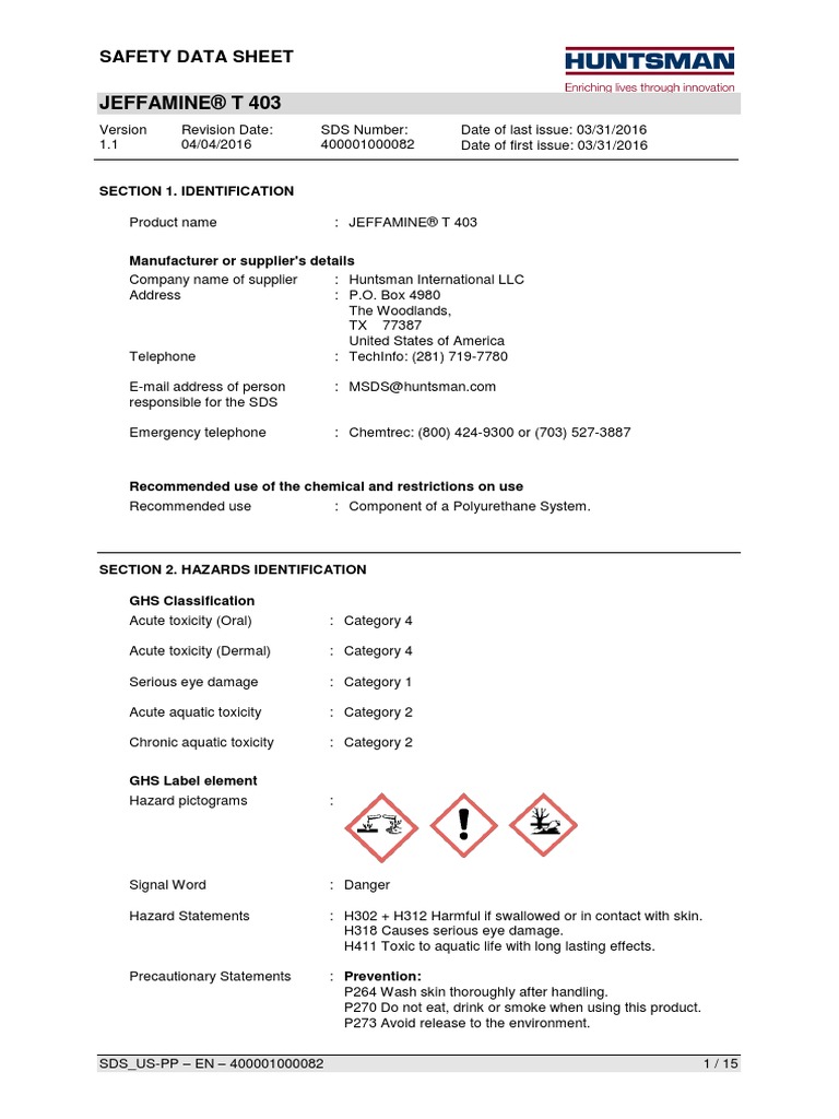 Huntsman Jeffamine T 403 SDS | PDF | Toxicity | Firefighting