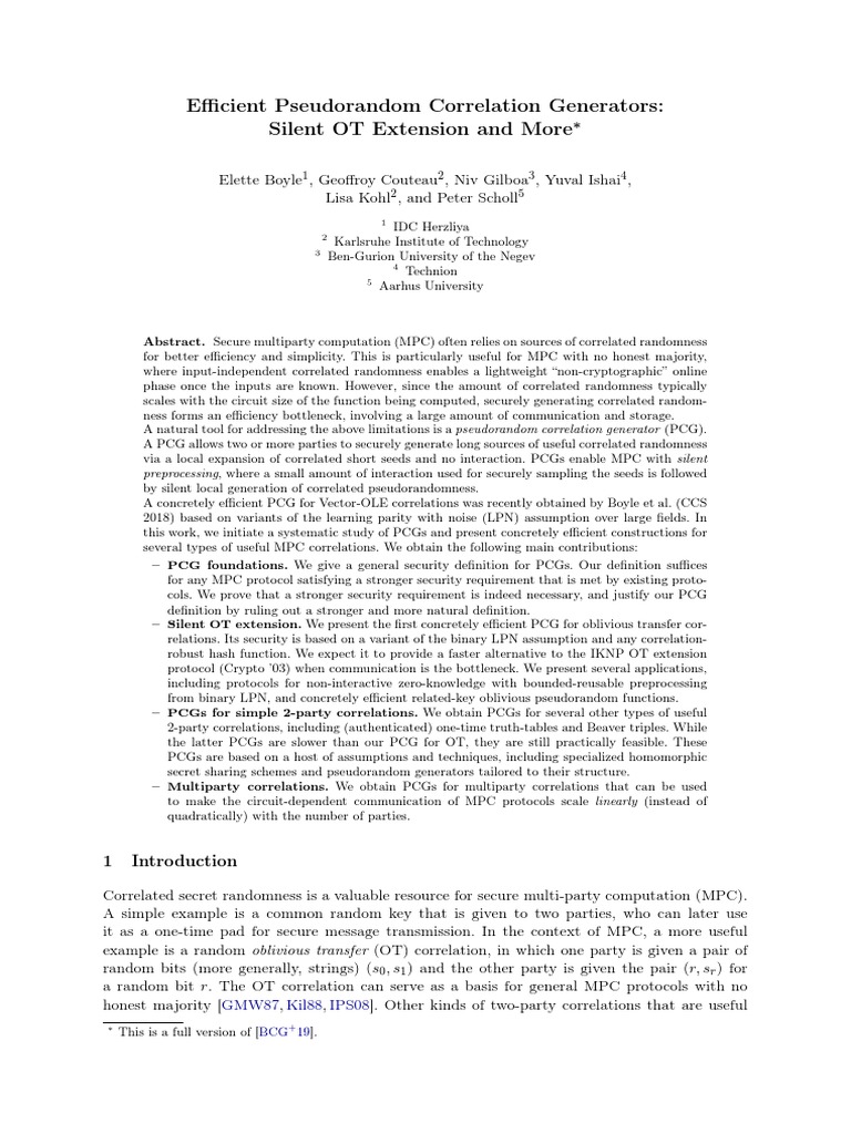 Efficient Pseudorandom Correlation Generators Silent OT Extension and ... Efficient Pseudorandom Correlation Generators Silent OT Extension and ...