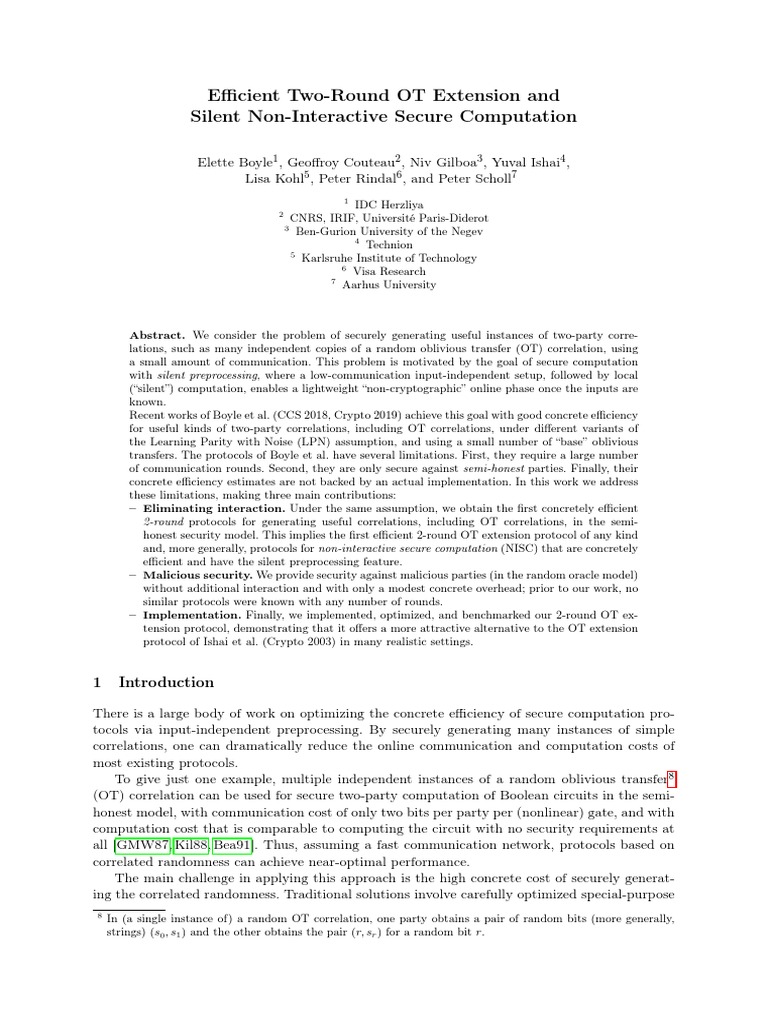 Efficient Two Round Ot Extension And Silent Non Interactive Secure Computation Pdf Key