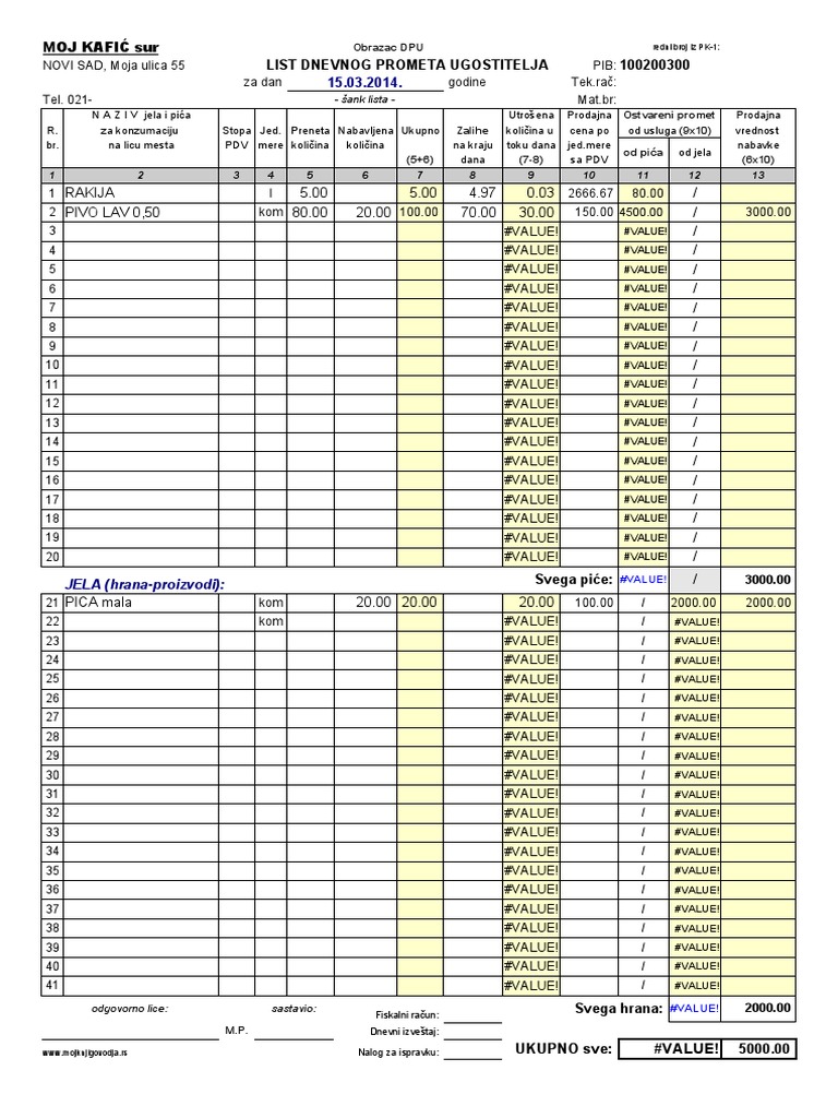 Obrazac DPU SANK LISTA Pice Hrana Formule | PDF
