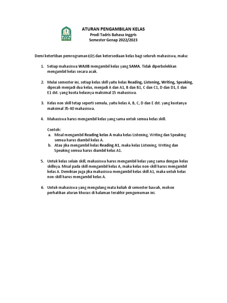 Aturan Pemrograman KRS Prodi TBI 2023 | PDF