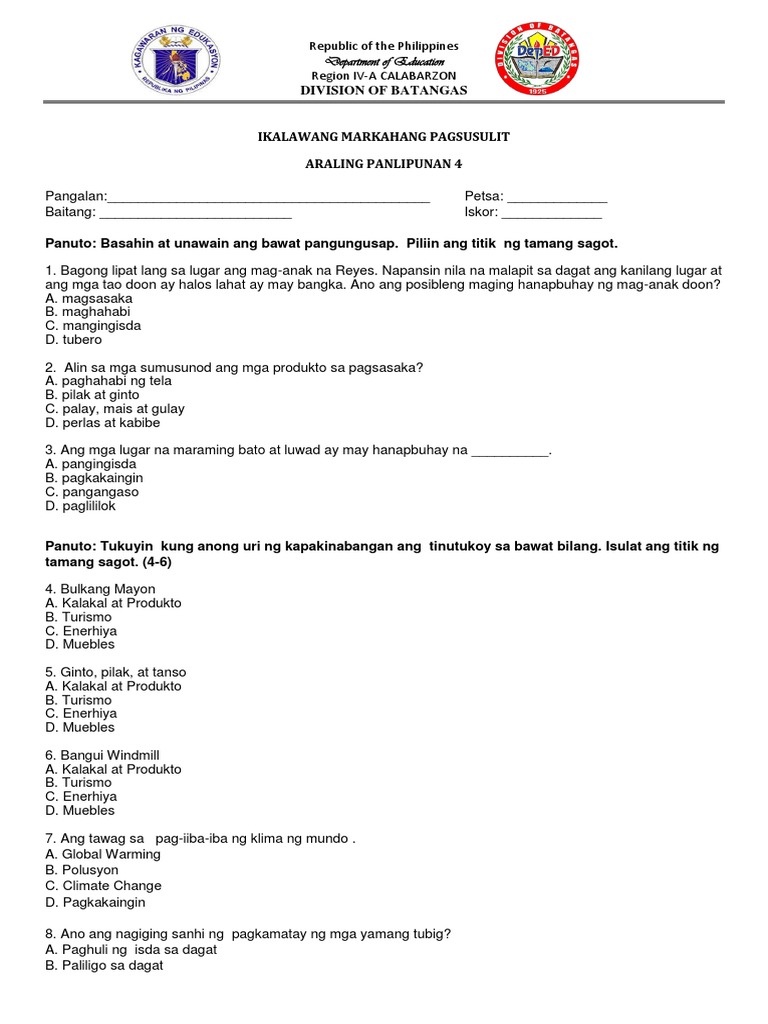 430848458-Araling-Panlipunan-4 Exam | PDF