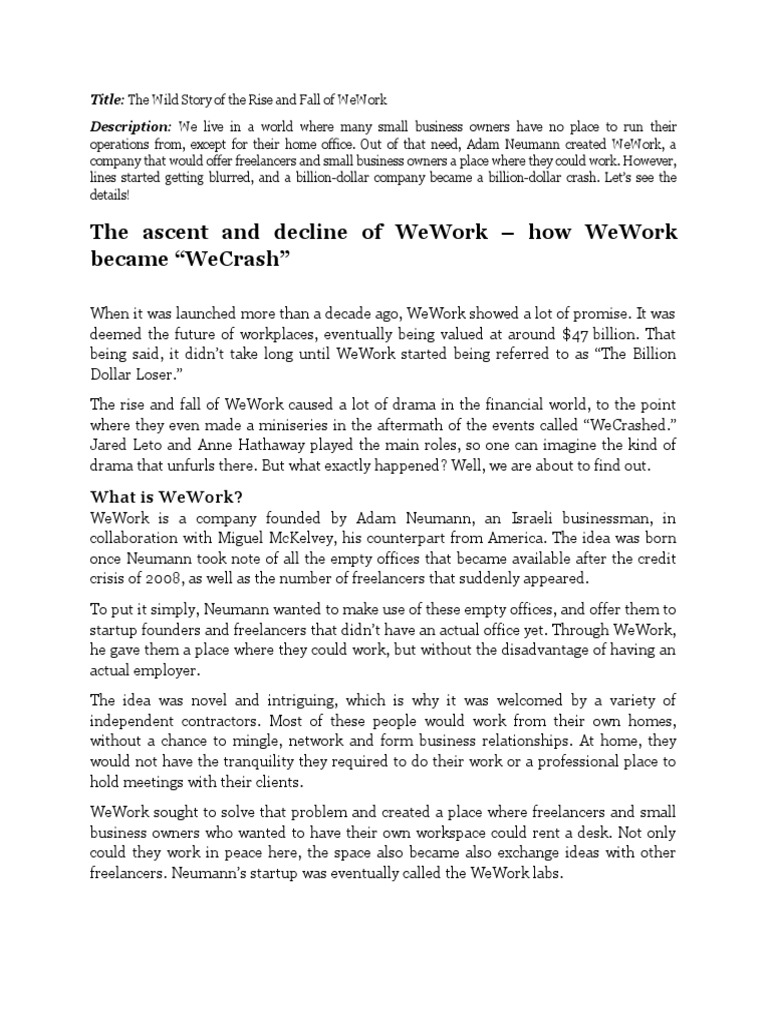 The Wild Story of Rise and Fall of WeW Ork - How WeWork Became "WeCrash ...