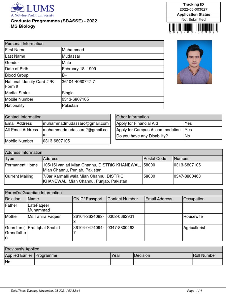 Lums Application | PDF | Zoology | Academic Degree