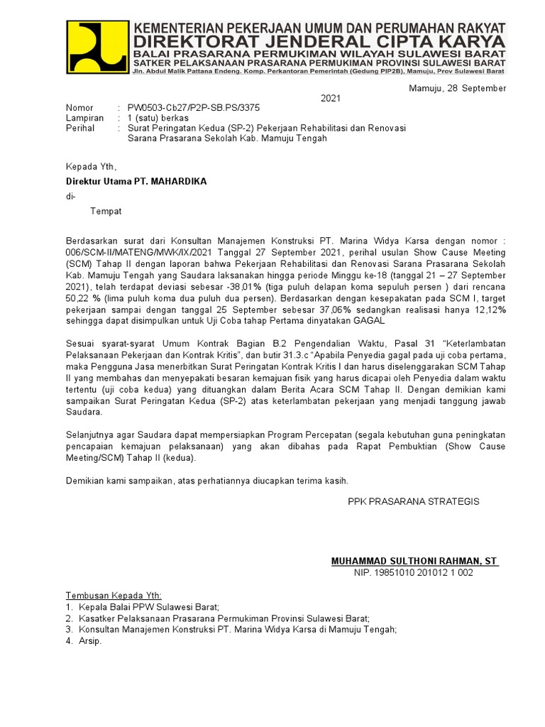 Surat Peringatan Kedua Proyek Sekolah Mamuju | PDF