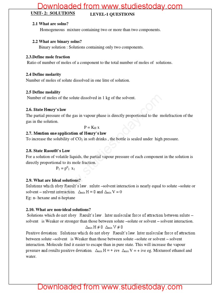 CBSE Class 12 Chemistry - Solutions Assignment | PDF | Osmosis | Solubility