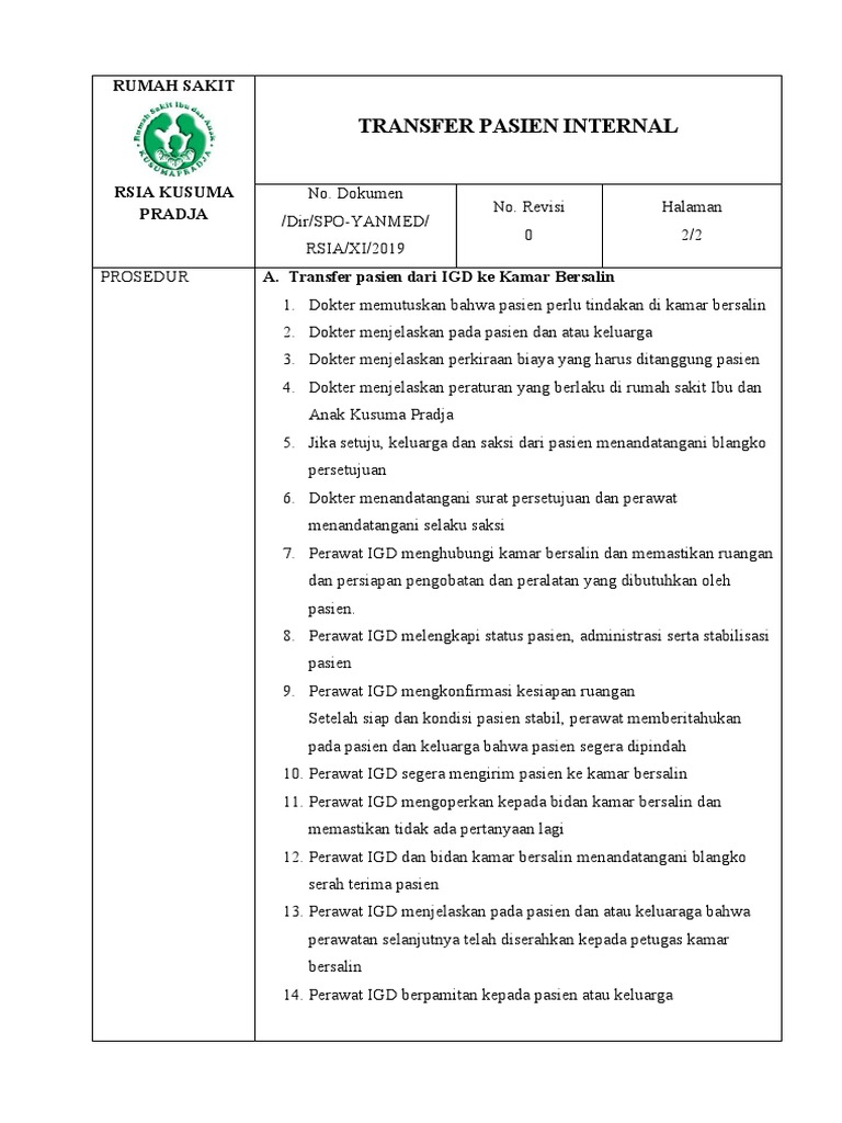 SPO Transfer Pasien Internal | PDF