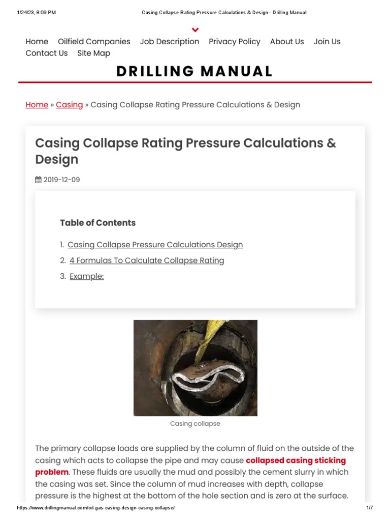 Casing Collapse Pressure Calculations | PDF | Casing (Borehole ...