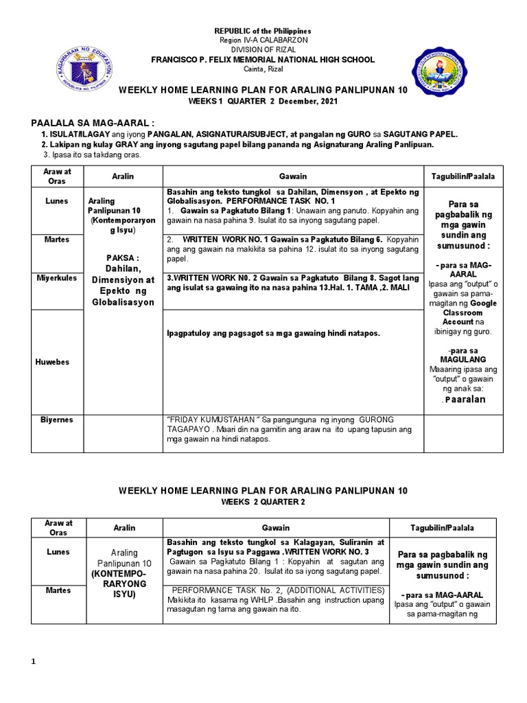 q2.AP10 WEEKLY HOME LEARNING PLAN QUARTER 2 1 | PDF