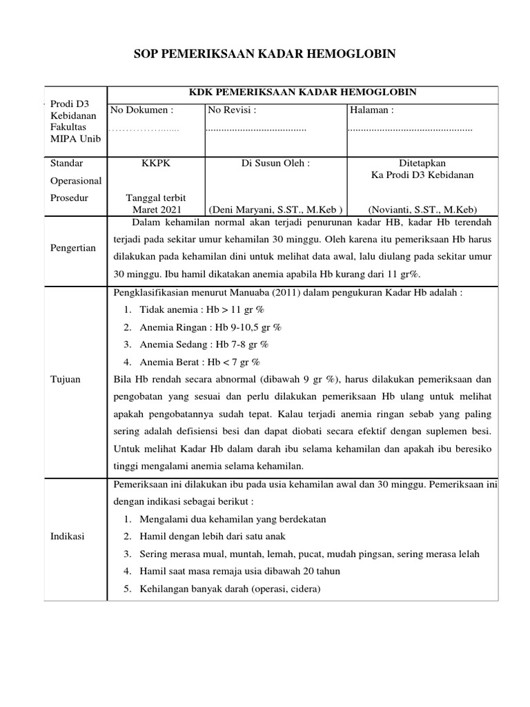 SOP Pemeriksaan HB. | PDF