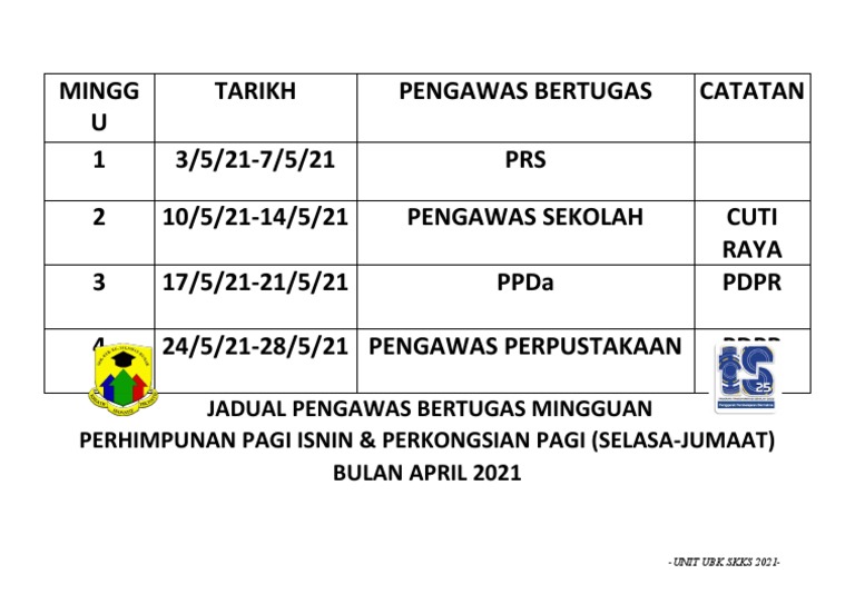 Jadual Pengawas Bertugas 2 | PDF