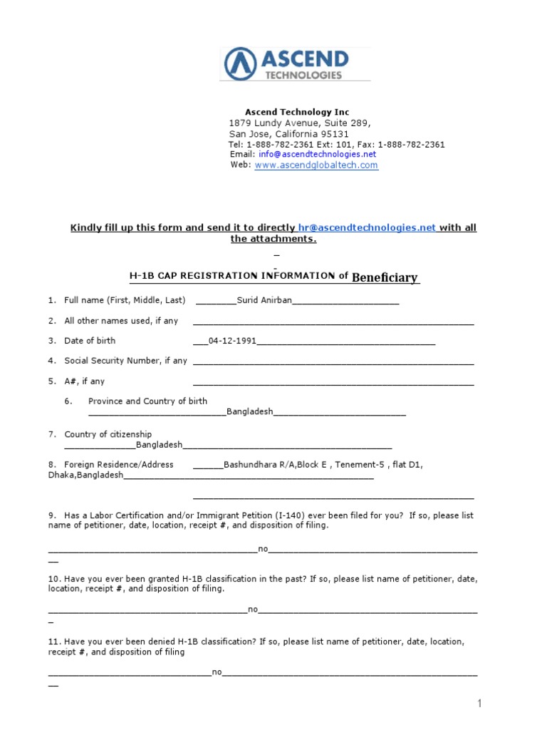 H-1B CAP Registration Form Instructions | PDF | H 1 B Visa | Government