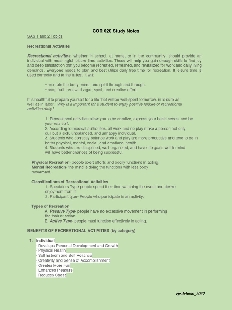 (COR 020) Study Notes - First Achievement Test | PDF | Recreation ...