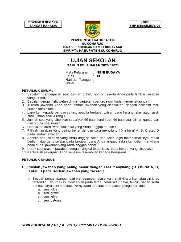 Master Soal USBN Seni Budaya Kelas 9 TA 2020 2021 | PDF