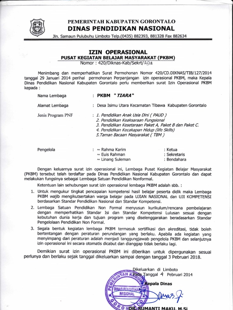 Contoh Surat Izin Operasional PKBM Dari Dinas Pendidikan | PDF