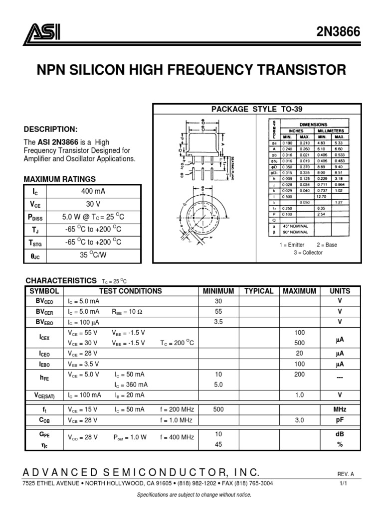 2N3866 High-Frequency Transistor Specs | PDF | Bipolar Junction ...