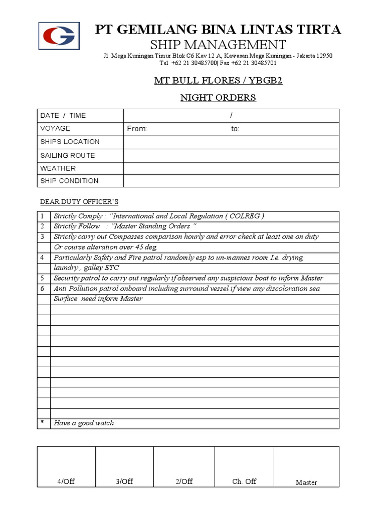 Master Night Orders for MT Bull Flores | PDF