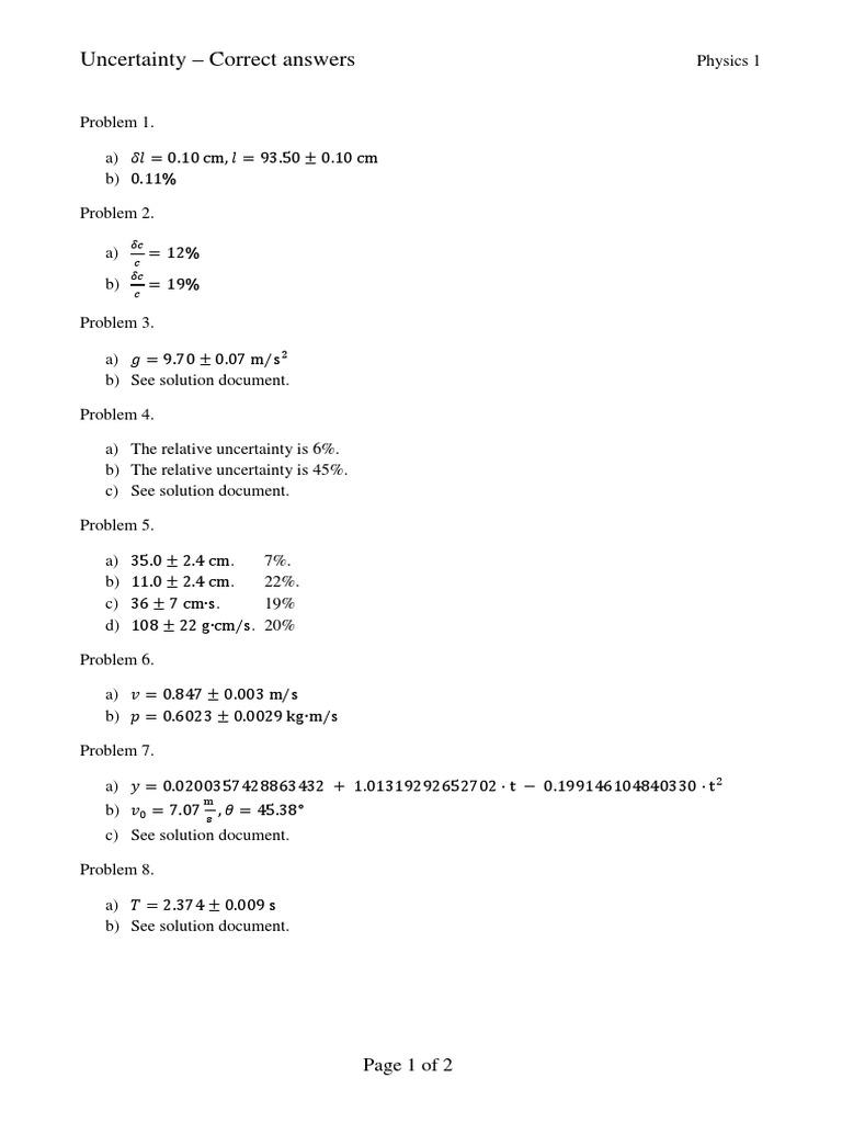 Problems in Uncertainty With Correct Answers Physics 1 | PDF