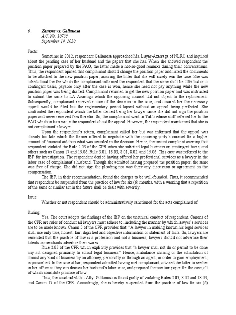 Zamora v. Gallanosa: Legal Ethics Ruling | PDF | Lawyer | Practice Of Law