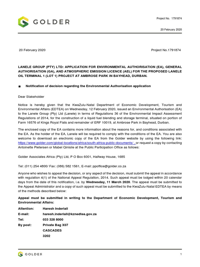 Lanele Environmental-Authorisation - Letter Final | PDF | Justice ...