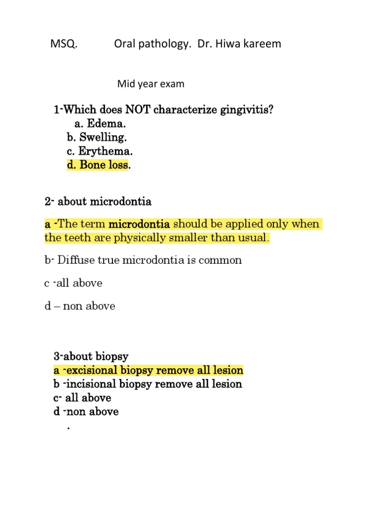 MSQ. Oral Pathology. Dr. Hiwa Kareem | PDF | Medical Specialties ...