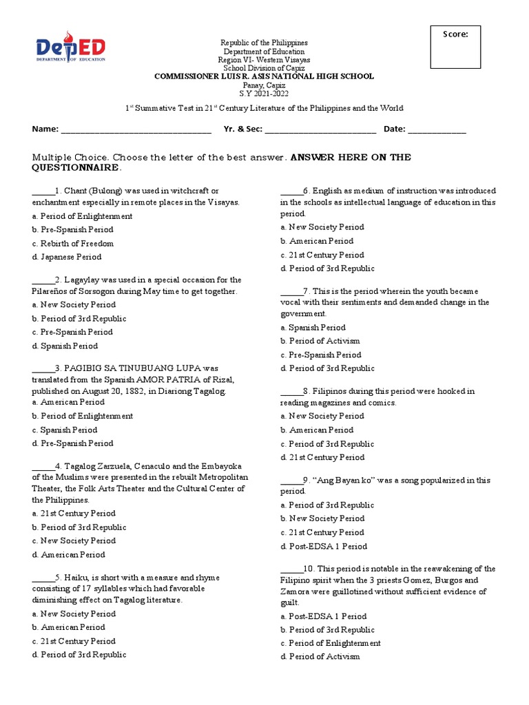 First Summative Test in 21st Century Literature | PDF | Philippines ...