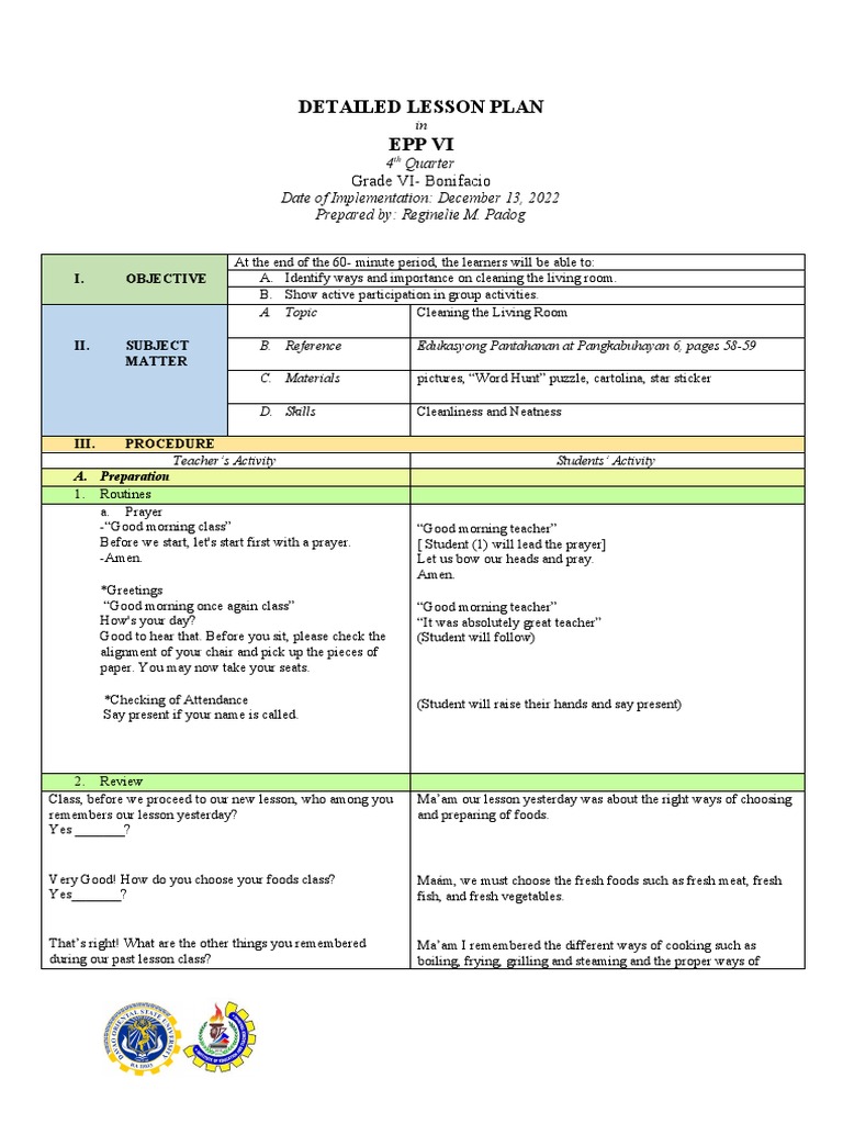 Detailed Lesson Plan in 128 | PDF | Housekeeping | Lesson Plan