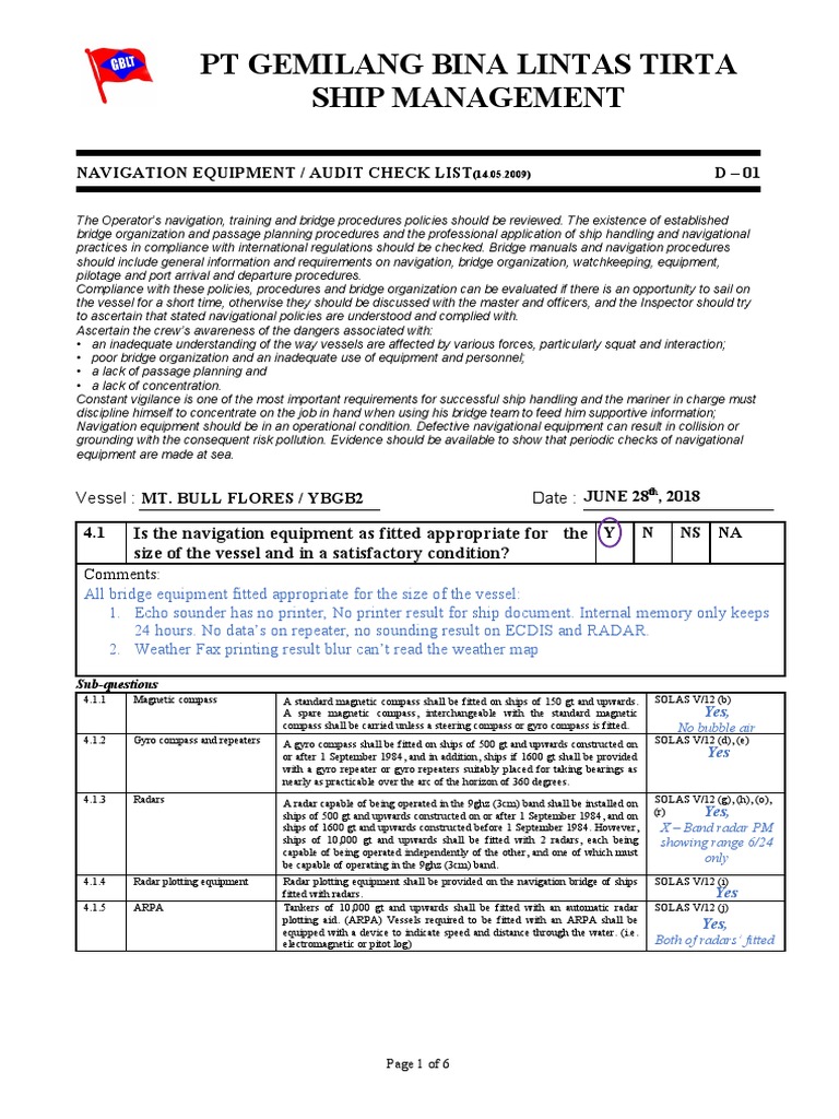 Bull Flores Navigation Equipment Audit Checklist - 28 June 2018 | PDF ...