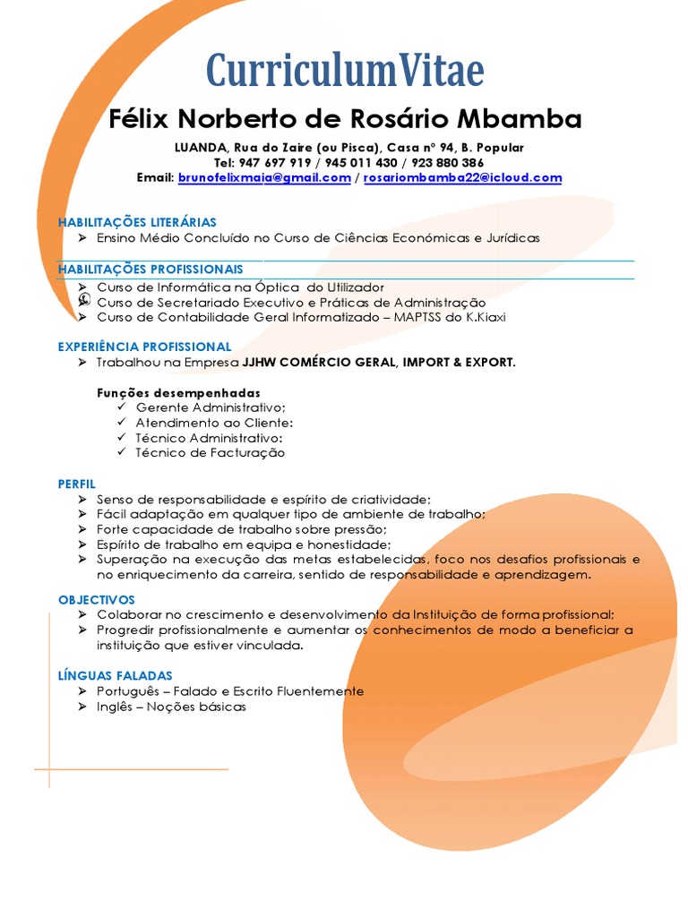 CV Félix Norberto de Rosário Mbamba 18-01-23 RM | PDF | Carreira e Crescimento | Negócios
