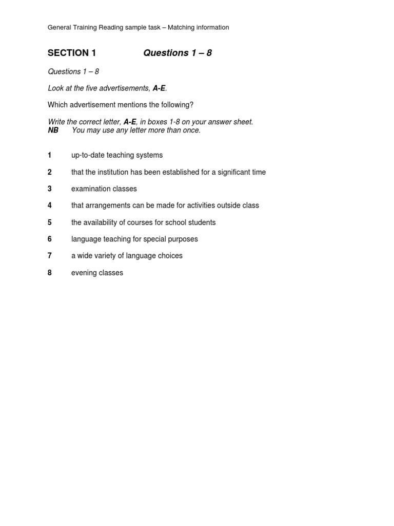General Training Reading Sample Task Matching Information Pdf 0398