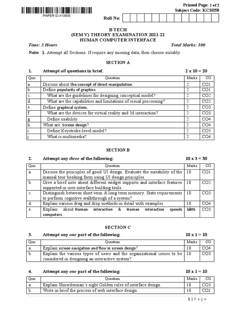 Btech Cs 5 Sem Human Computer Interface Kcs058 2022 | PDF