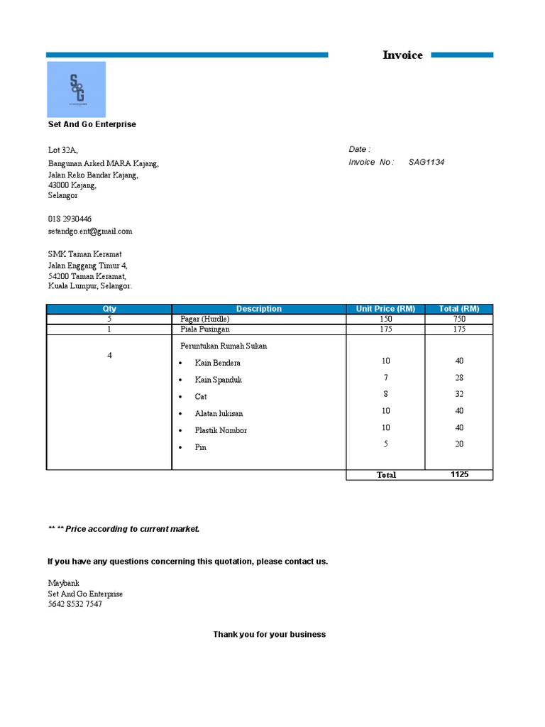 Supplies for SMK Taman Keramat: Invoice for hurdles, trophies, banners ...