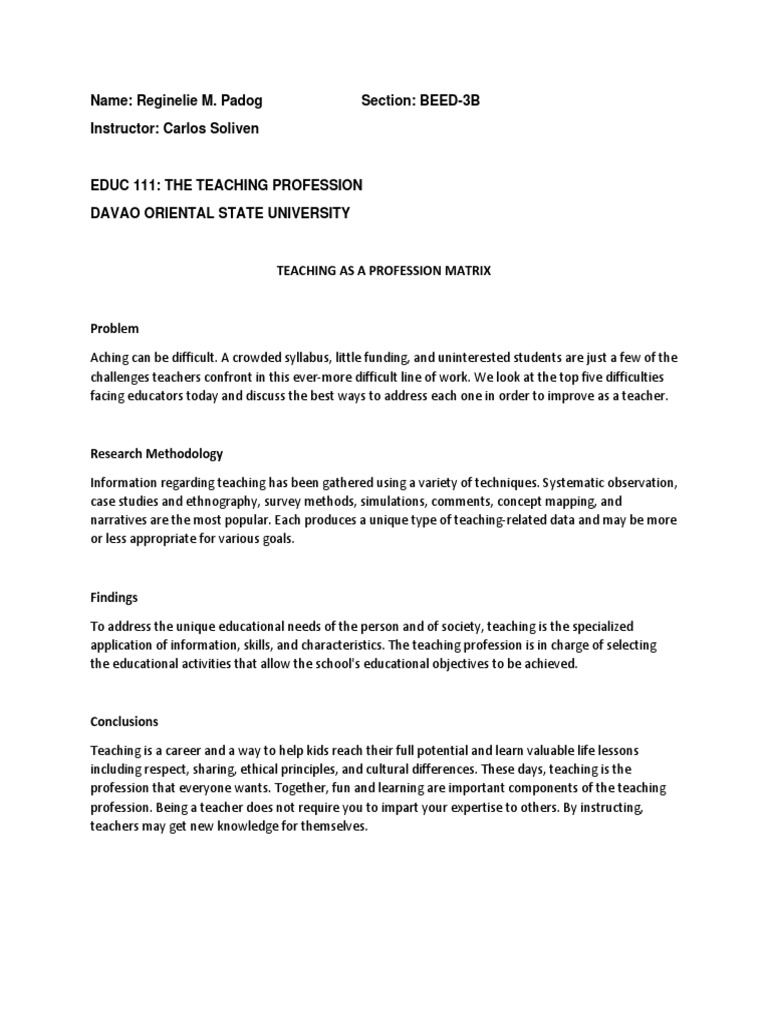 PADOG-BEED3B-The Teaching Profession Matrix | PDF