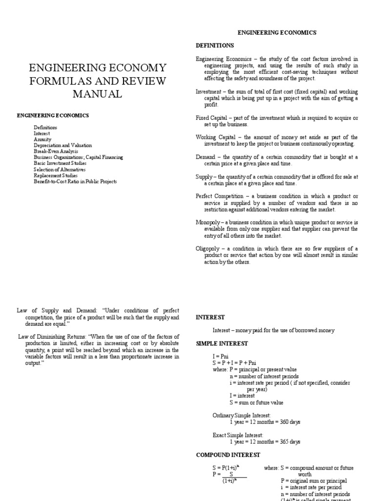 ME Engg Economy FORMULAS AND REVIEW MANUAL | PDF | Depreciation | Interest